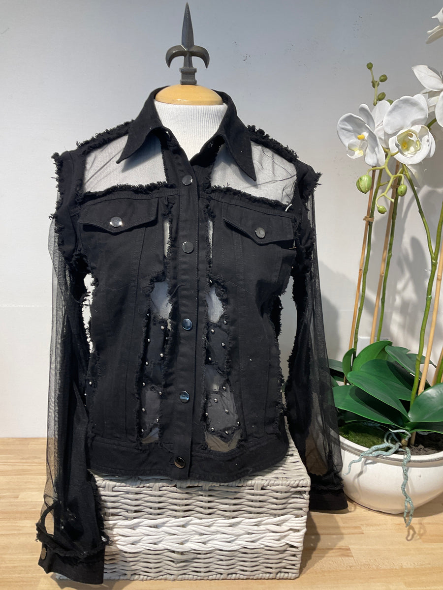 Adore Black Denim Jacket W/ Mesh And Studs – Chauette